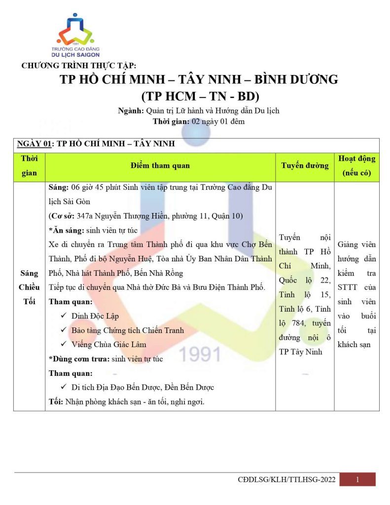 Chương trình TP Hồ Chí Minh - Tây Ninh - Bình Dương (02 ngày 01 đêm) - CĐ Du lịch Sài Gòn